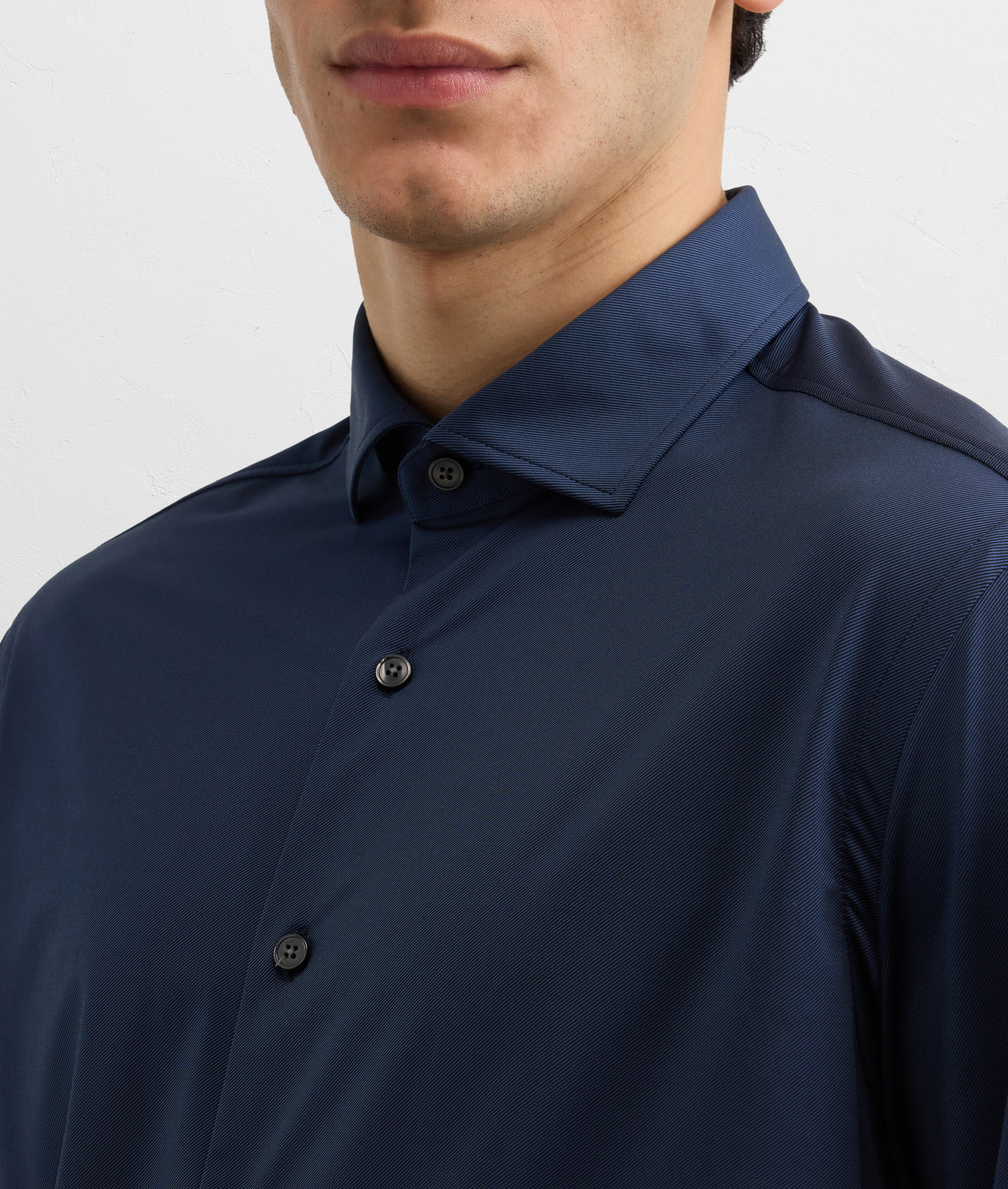 navy blue polyamide and elastane shirt with small torino collar and ...
