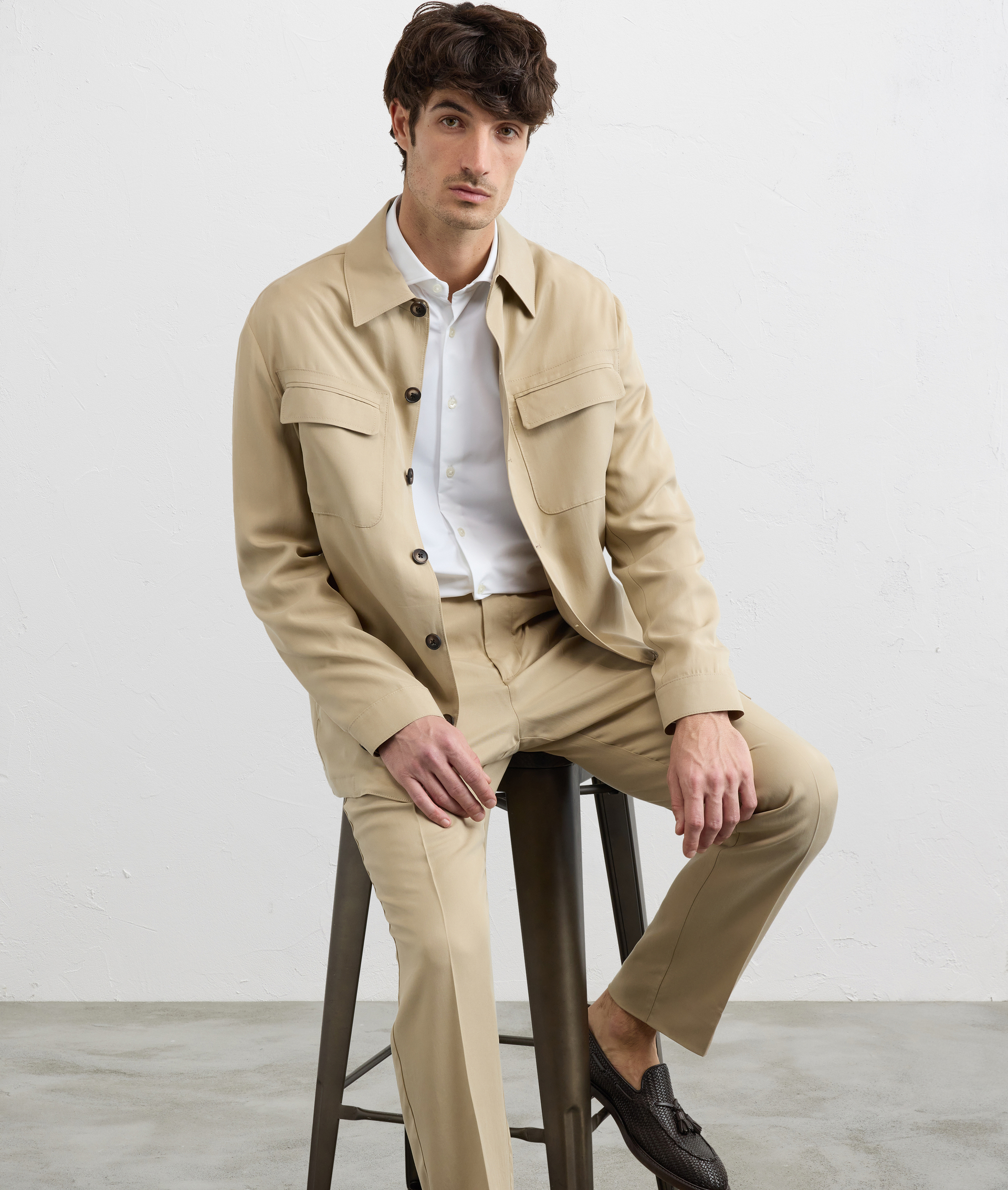 white polyamide and elastane shirt with small torino collar and ...